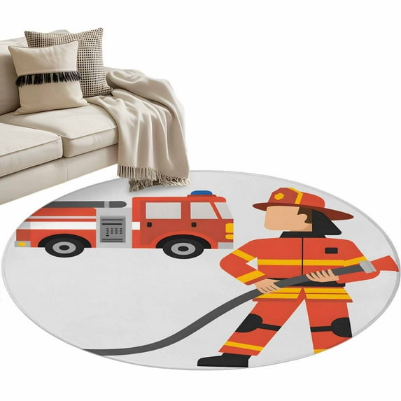 Firefighter Area Rug, Carton Fireman in Uniform Red Fire Truck Grey ...