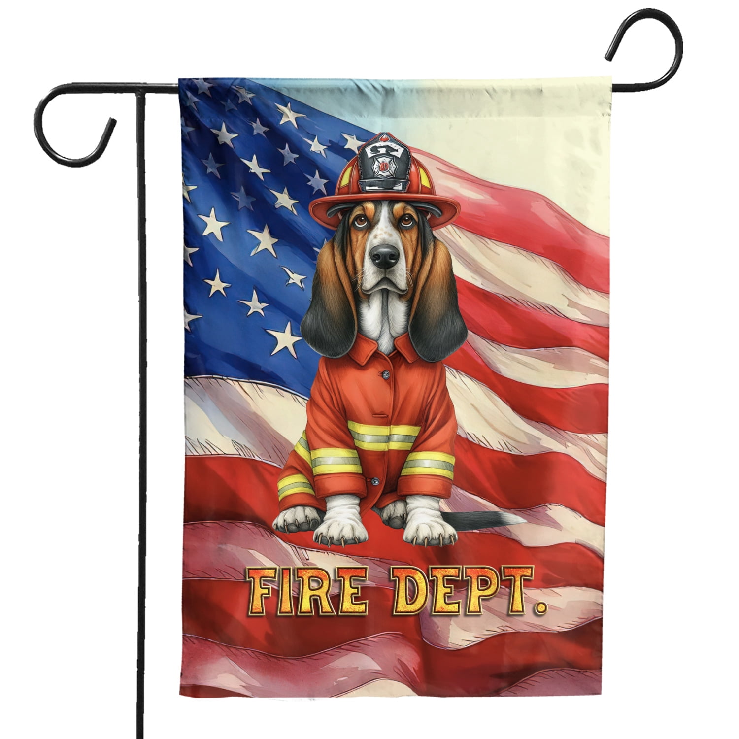 Firefighter Basset Hound Hero Rescue Fire Dept Fireman USA Flag Garden ...