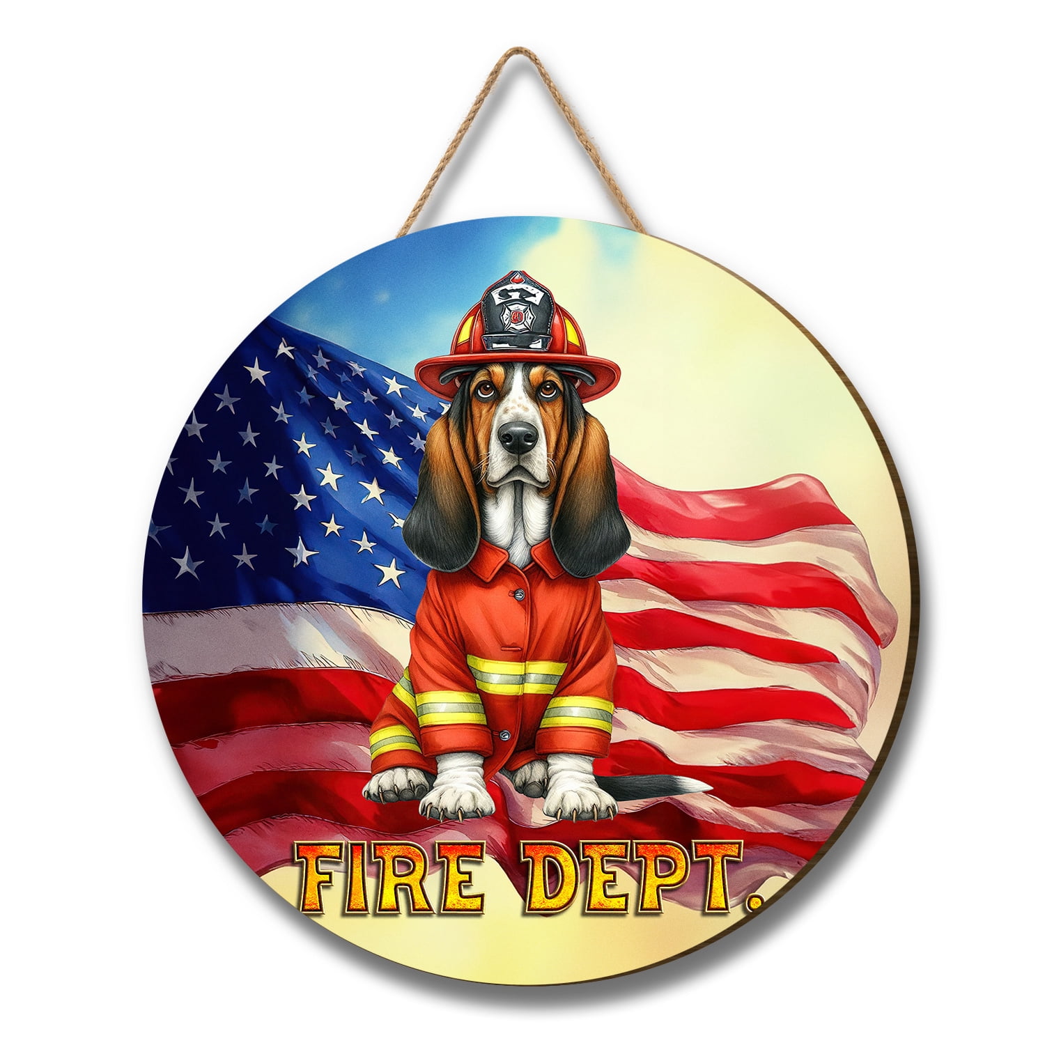 Firefighter Basset Hound Hero Rescue Fire Dept Fireman USA Flag Round ...