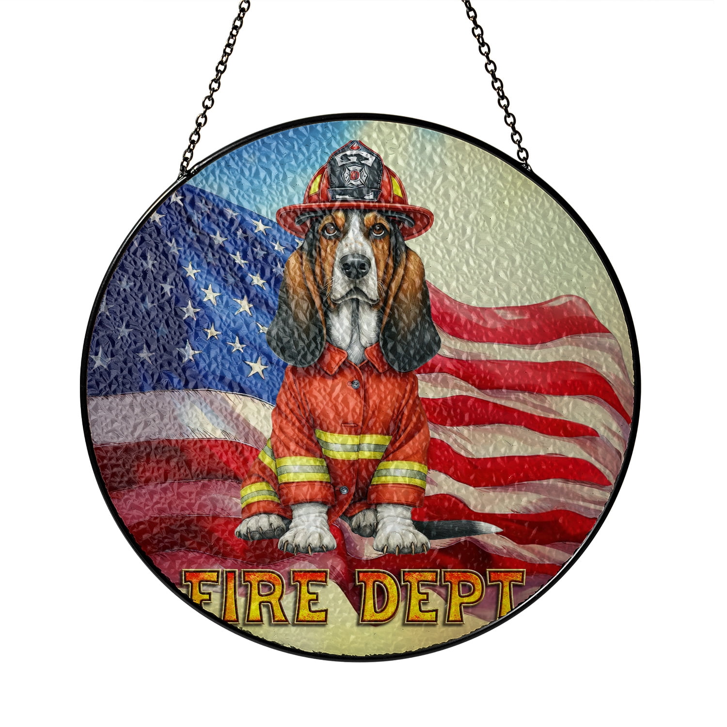 Firefighter Basset Hound Hero Rescue Fire Dept Fireman USA Flag Stained ...