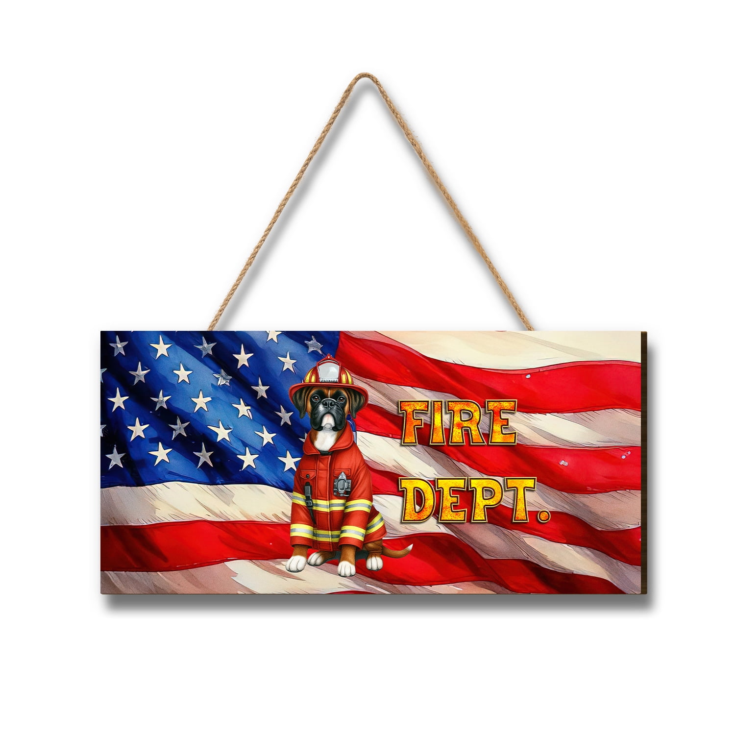 Firefighter Boxer Hero Rescue Fire Dept Fireman USA Flag Landscape Wood ...