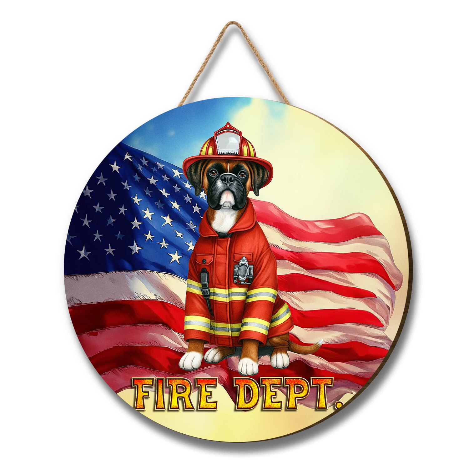 Firefighter Boxer Hero Rescue Fire Dept Fireman USA Flag Round Wood ...