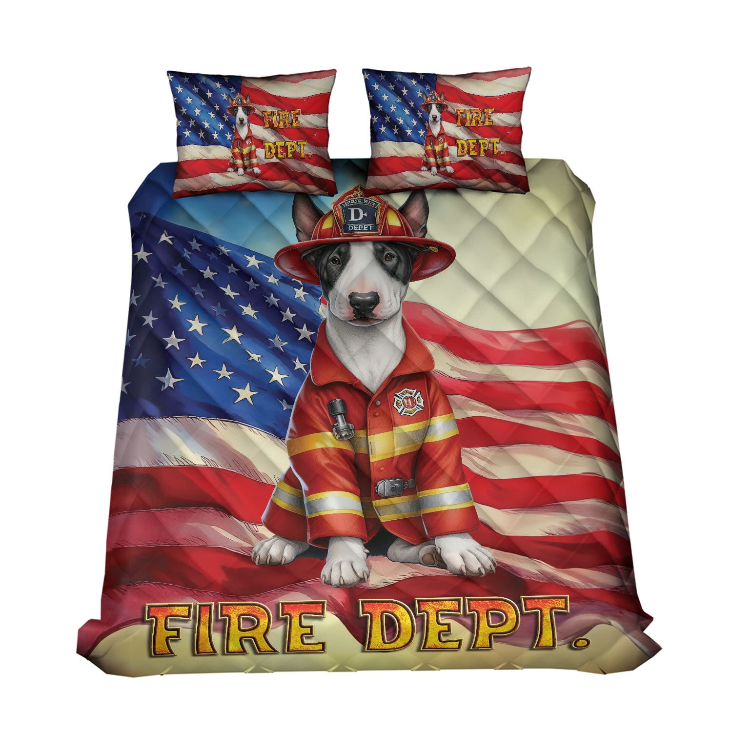 Firefighter Bull Terrier Hero Rescue Fire Dept Fireman USA Flag Quilt ...