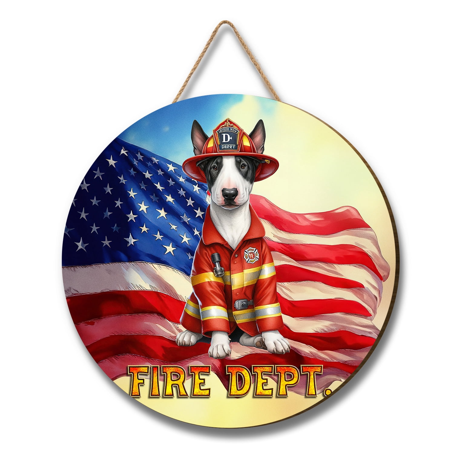 Firefighter Bull Terrier Hero Rescue Fire Dept Fireman USA Flag Round ...
