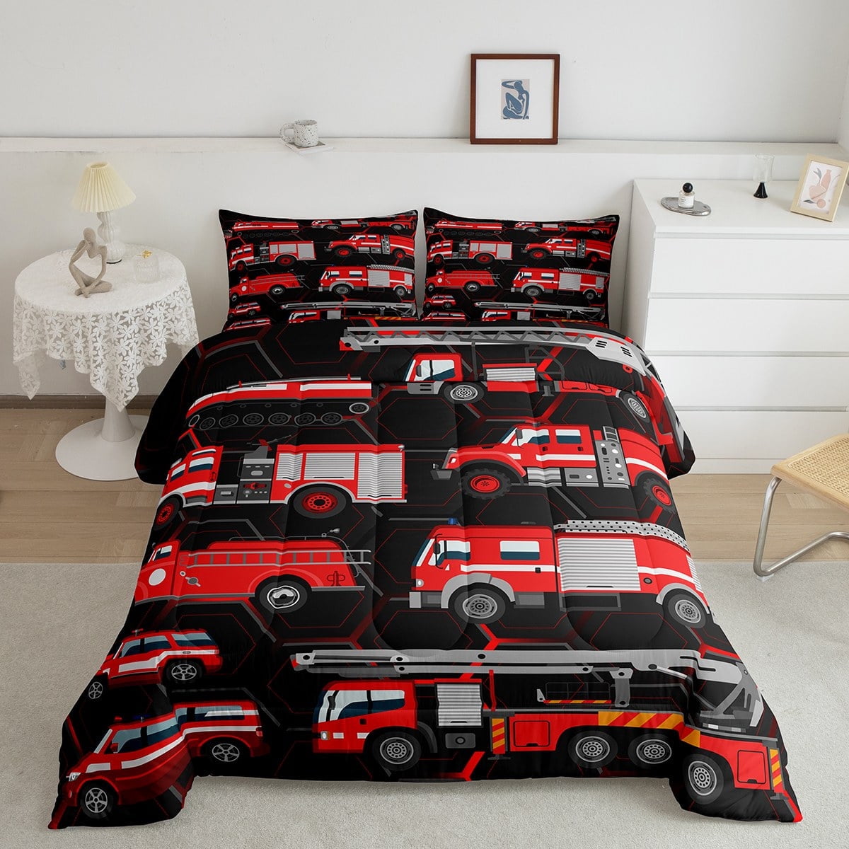 Firefighter Car Bedding Set Red Truck Comforter Set Queen for Boys ...