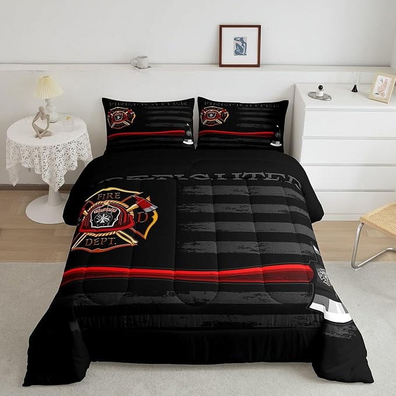 Firefighter Comforter Set Queen Size,American Flag Geometric Stripes ...