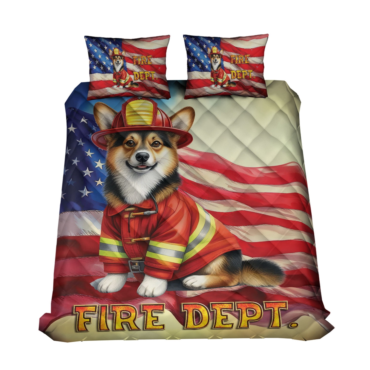 Firefighter Corgi Hero Rescue Fire Dept Fireman USA Flag Quilt Bedding ...