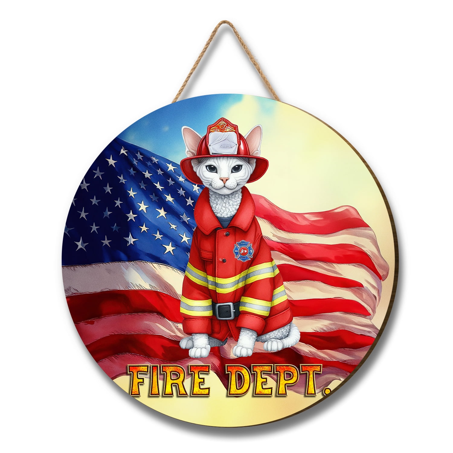 Firefighter Devon Rex Hero Rescue Fire Dept Fireman USA Flag Round Wood ...