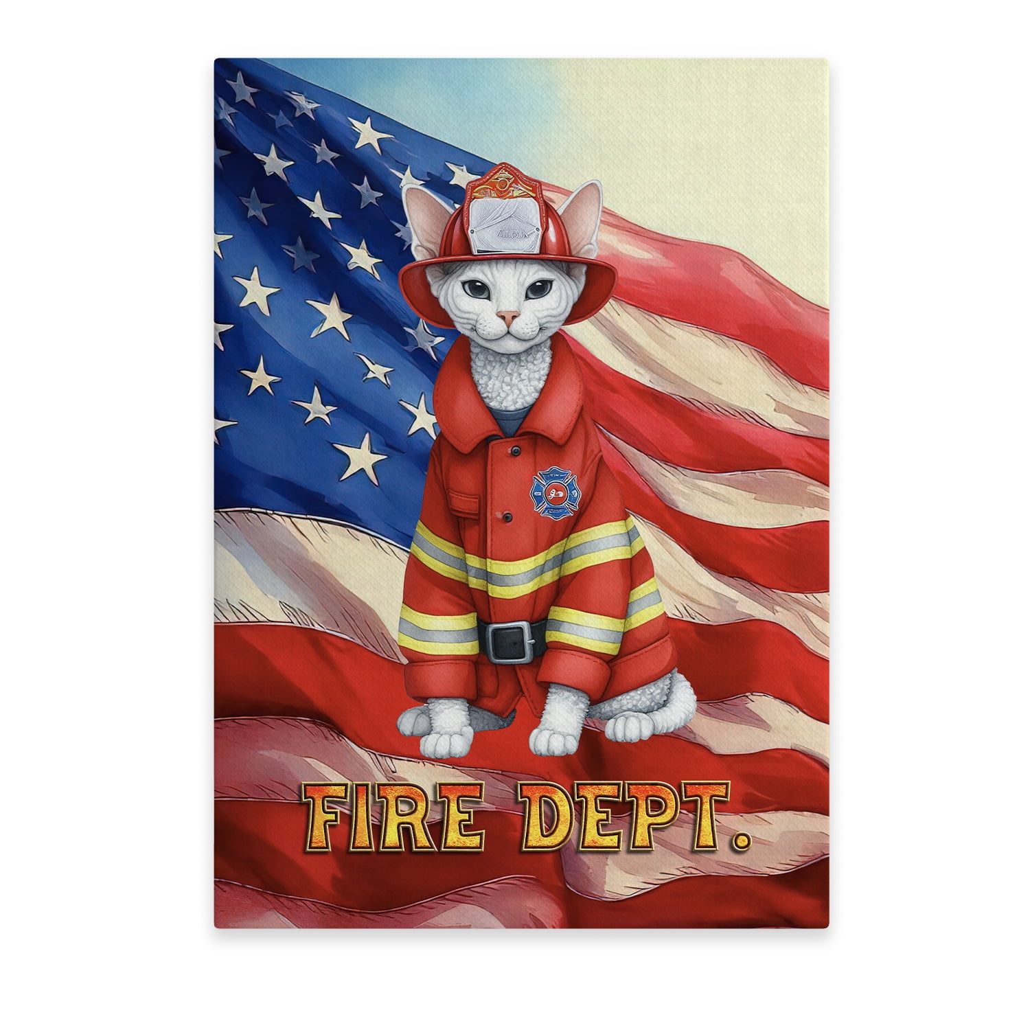 Firefighter Devon Rex Hero Rescue Fire Dept Fireman USA Flag Vertical Matte Canvas Poster Cat ...