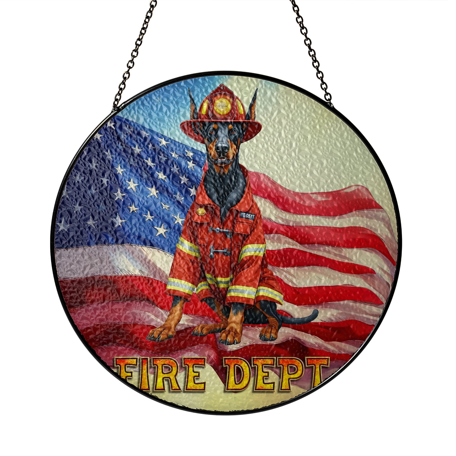 Firefighter Doberman Pinscher Hero Rescue Fire Dept Fireman USA Flag Stained Glass Suncatcher ...
