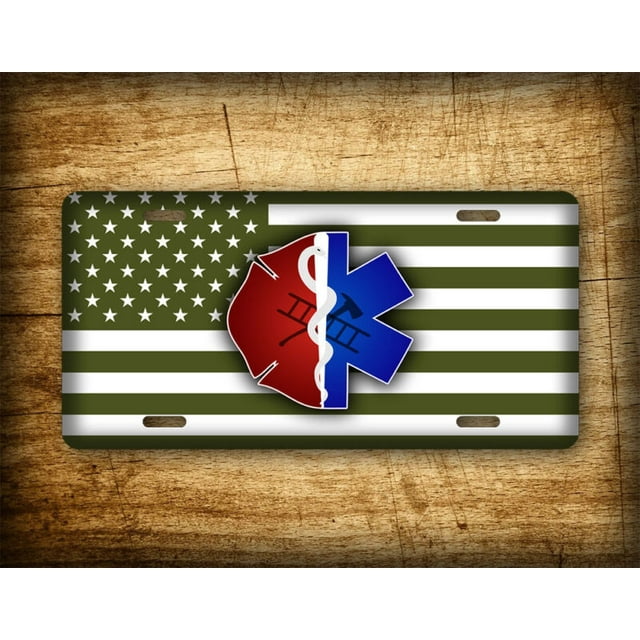Firefighter EMT Military License Plate US Flag Olive Drab Star of Life ...
