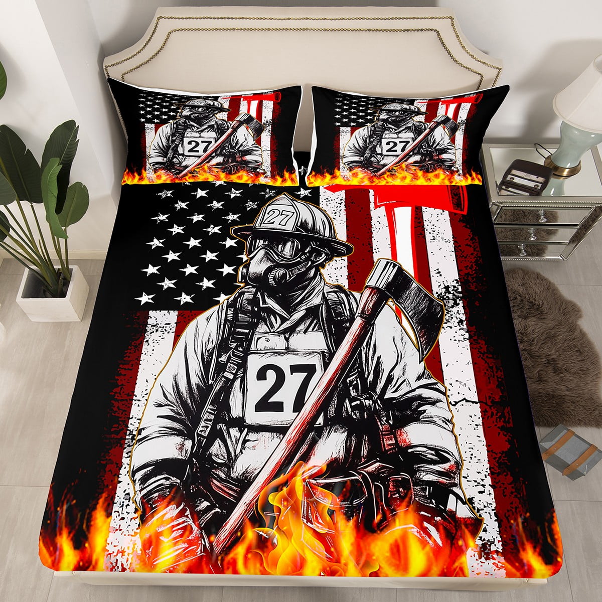 Firefighter Fitted Sheet Full 3 Pcs,American Flag Flame Bedding Set ...