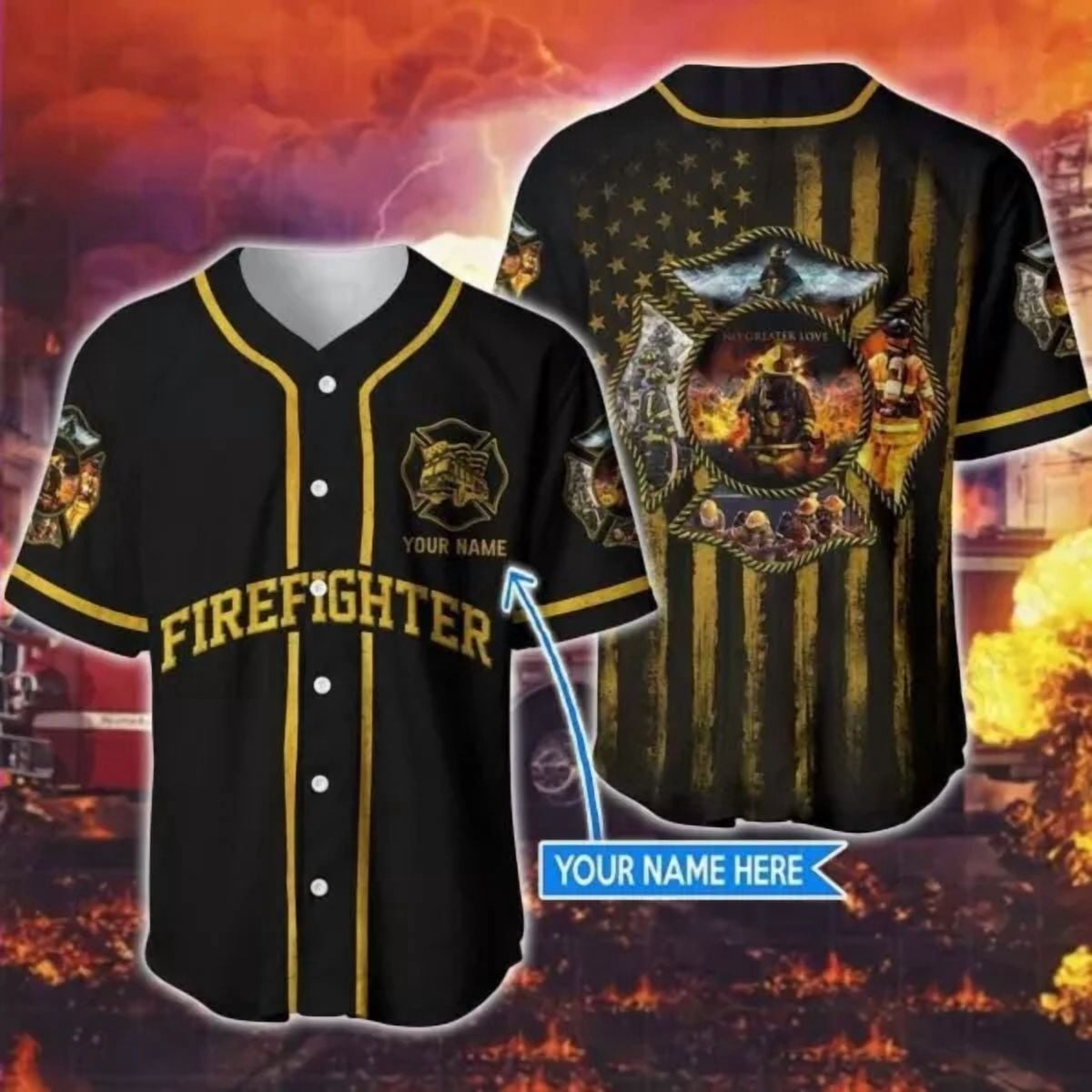 Firefighter Flag Yellow Personalized Baseball Jersey Shirt Gift Men ...