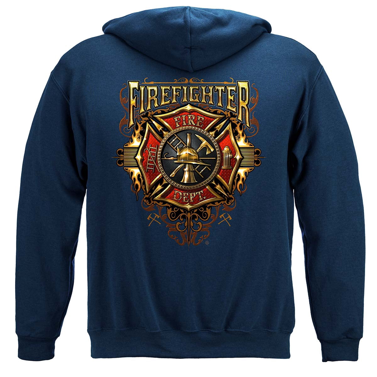 Firefighter Flames Gold Shield Firefighter 8oz 50/50 Navy Hooded Sweat ...