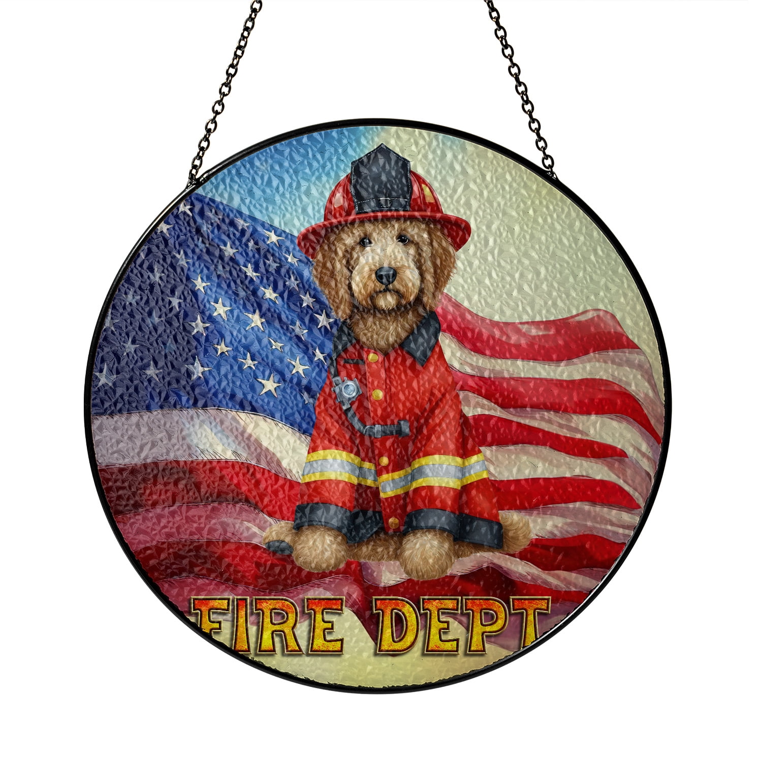 Firefighter Goldendoodle Hero Rescue Fire Dept Fireman USA Flag Stained ...