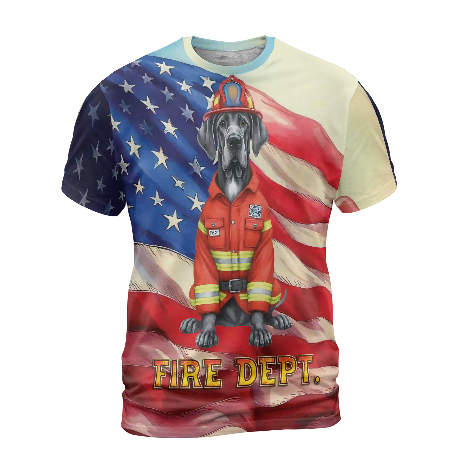 Firefighter Great Dane Hero Rescue Fire Dept Fireman USA Flag All Over ...
