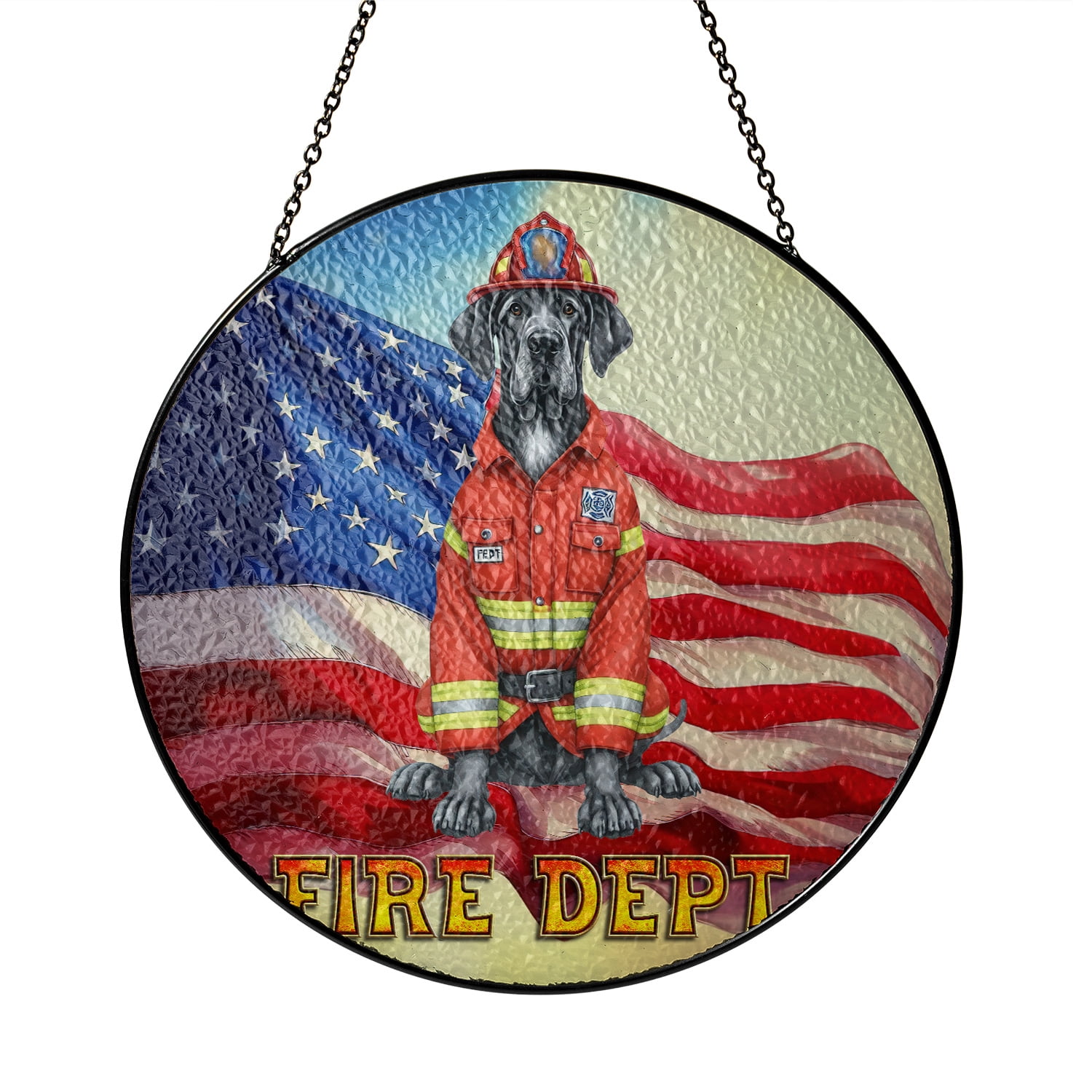 Firefighter Great Dane Hero Rescue Fire Dept Fireman USA Flag Stained ...