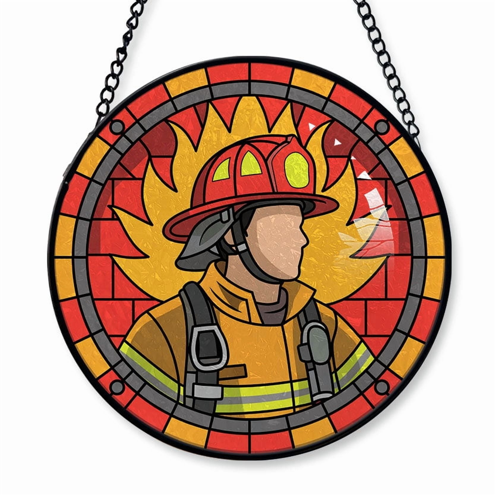 A Firefighter in Helmet Stained Glass Suncatcher Window Hanging ...