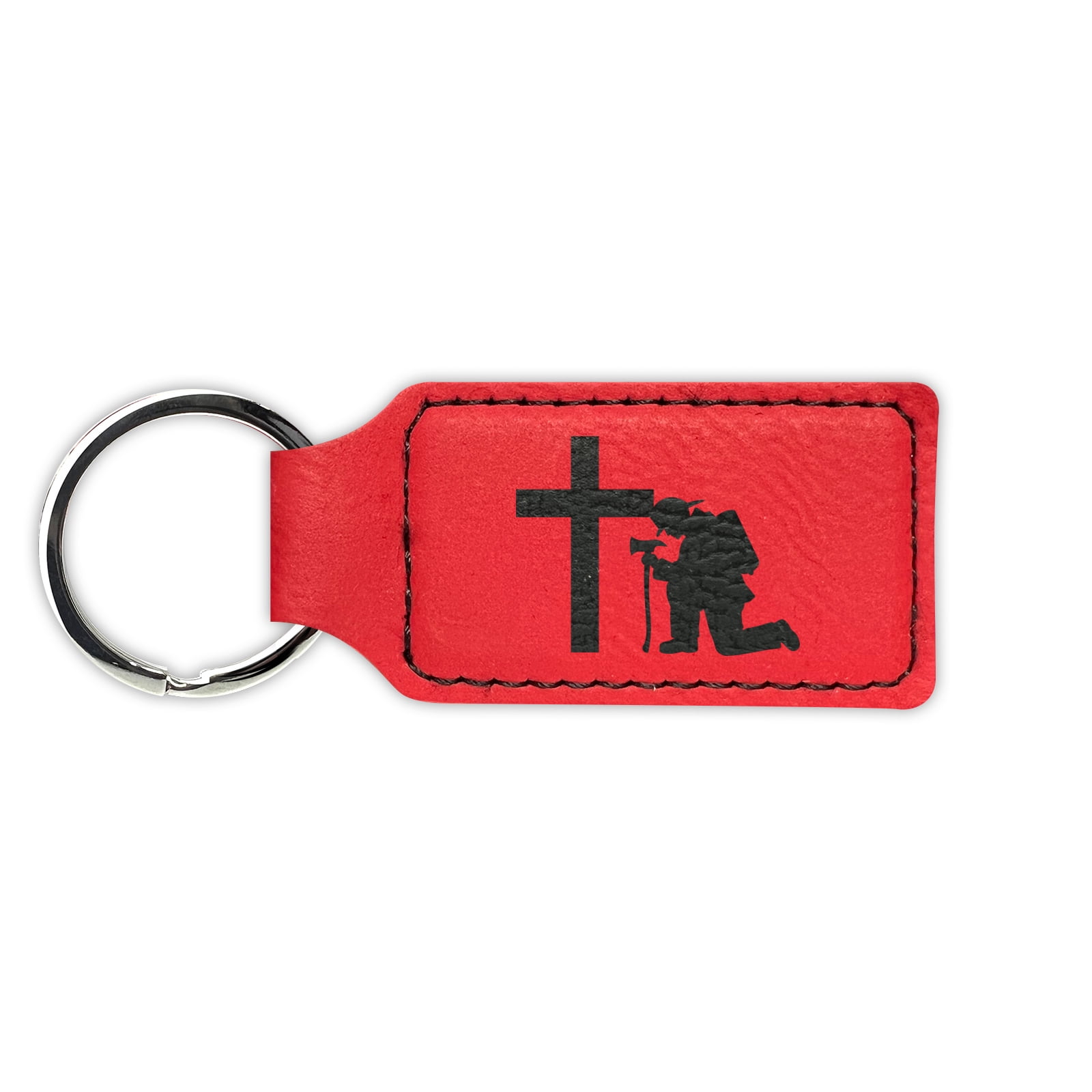 Firefighter Kneeling At Cross Keychain Leatherette Rectangle - Laser ...