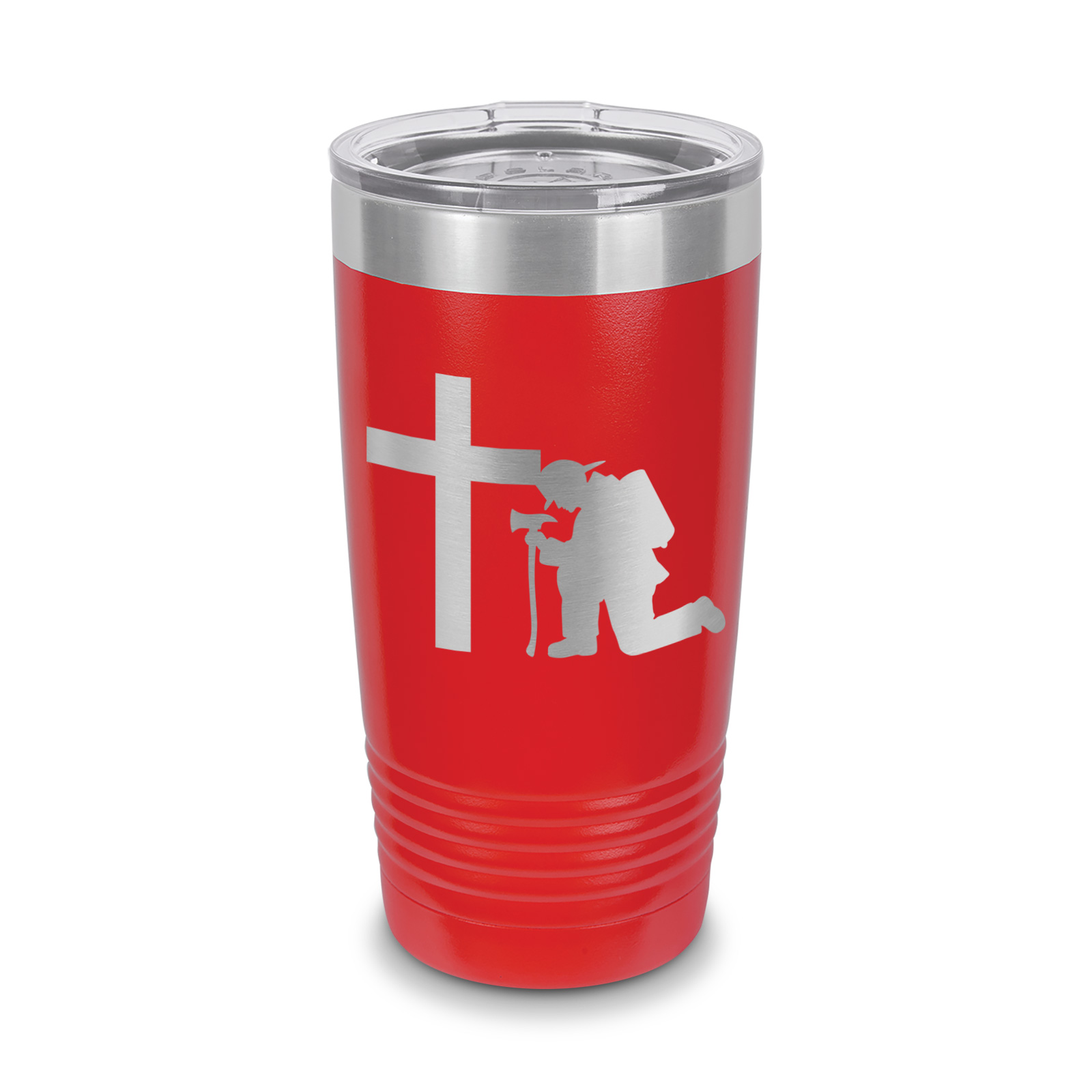 Firefighter Kneeling At Cross Tumbler 20 oz - Laser Engraved w/ Clear ...