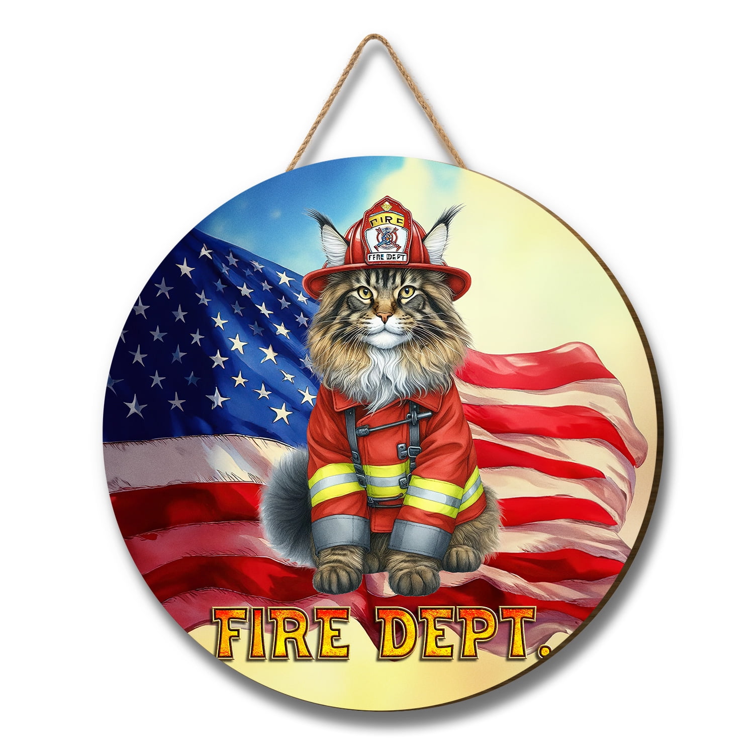Firefighter Maine Coon Hero Rescue Fire Dept Fireman USA Flag Round ...