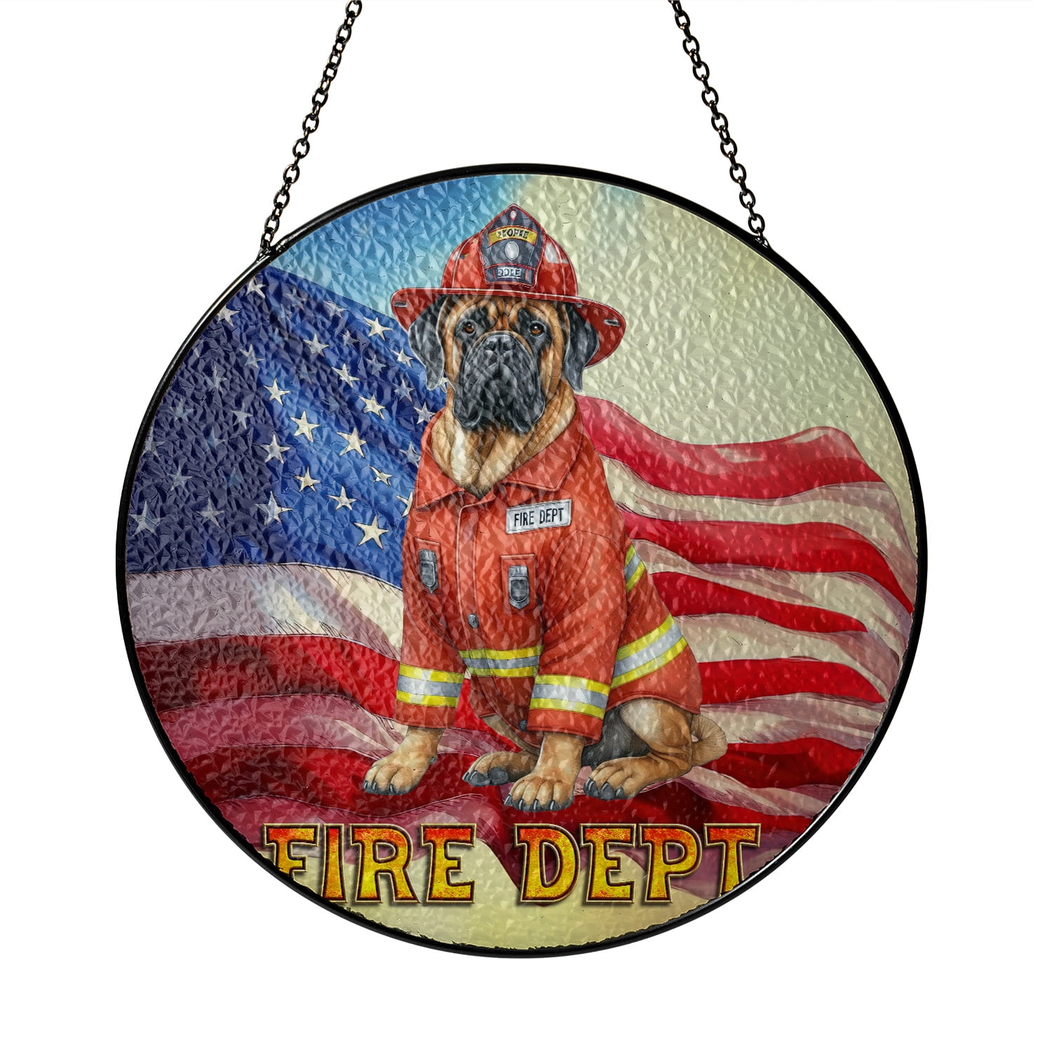 Firefighter Mastiff Hero Rescue Fire Dept Fireman USA Flag Stained ...