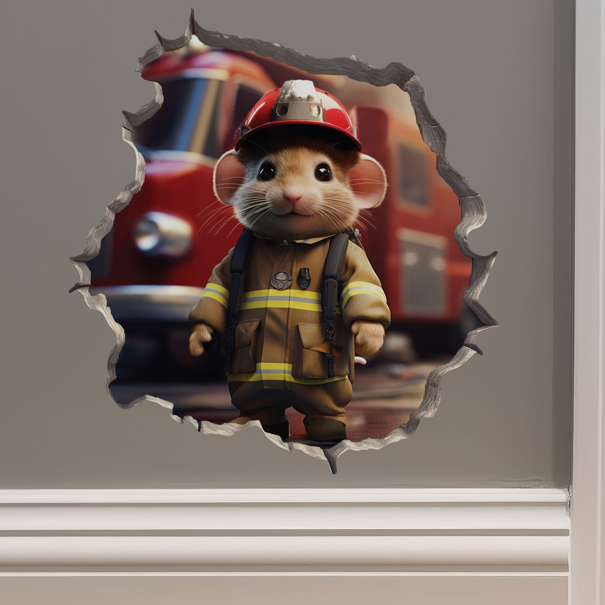 Firefighter Mouse in Mouse Hole Decal - Mouse Hole 3D Wall Sticker ...