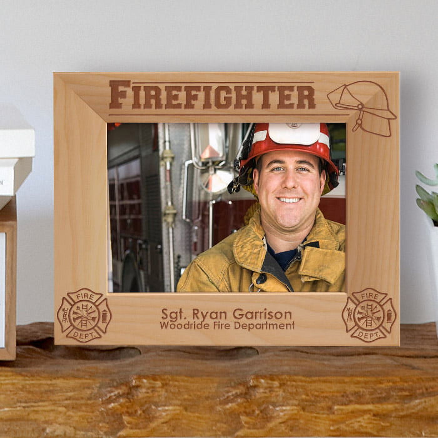 Firefighter Personalized Wooden Picture Frame-10" x 8" Brown Horizontal ...