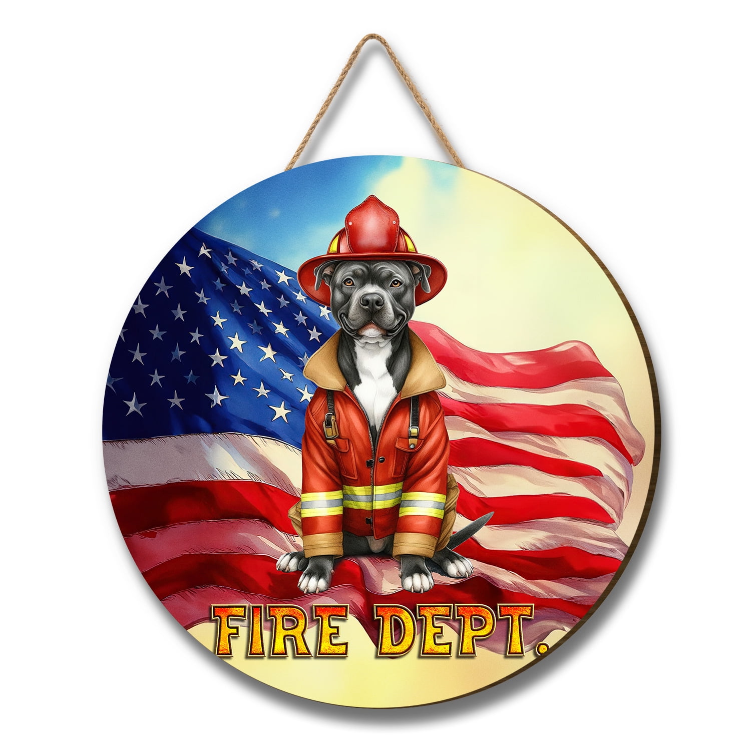 Firefighter Pitbull Hero Rescue Fire Dept Fireman USA Flag Round Wood Sign Terrier Dog Lover ...
