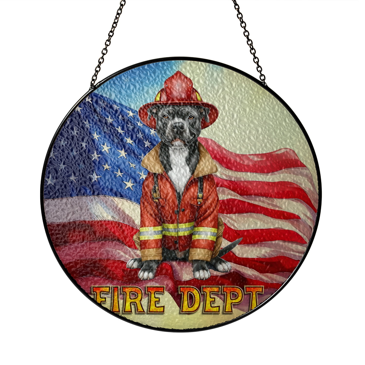 Firefighter Pitbull Hero Rescue Fire Dept Fireman USA Flag Stained ...
