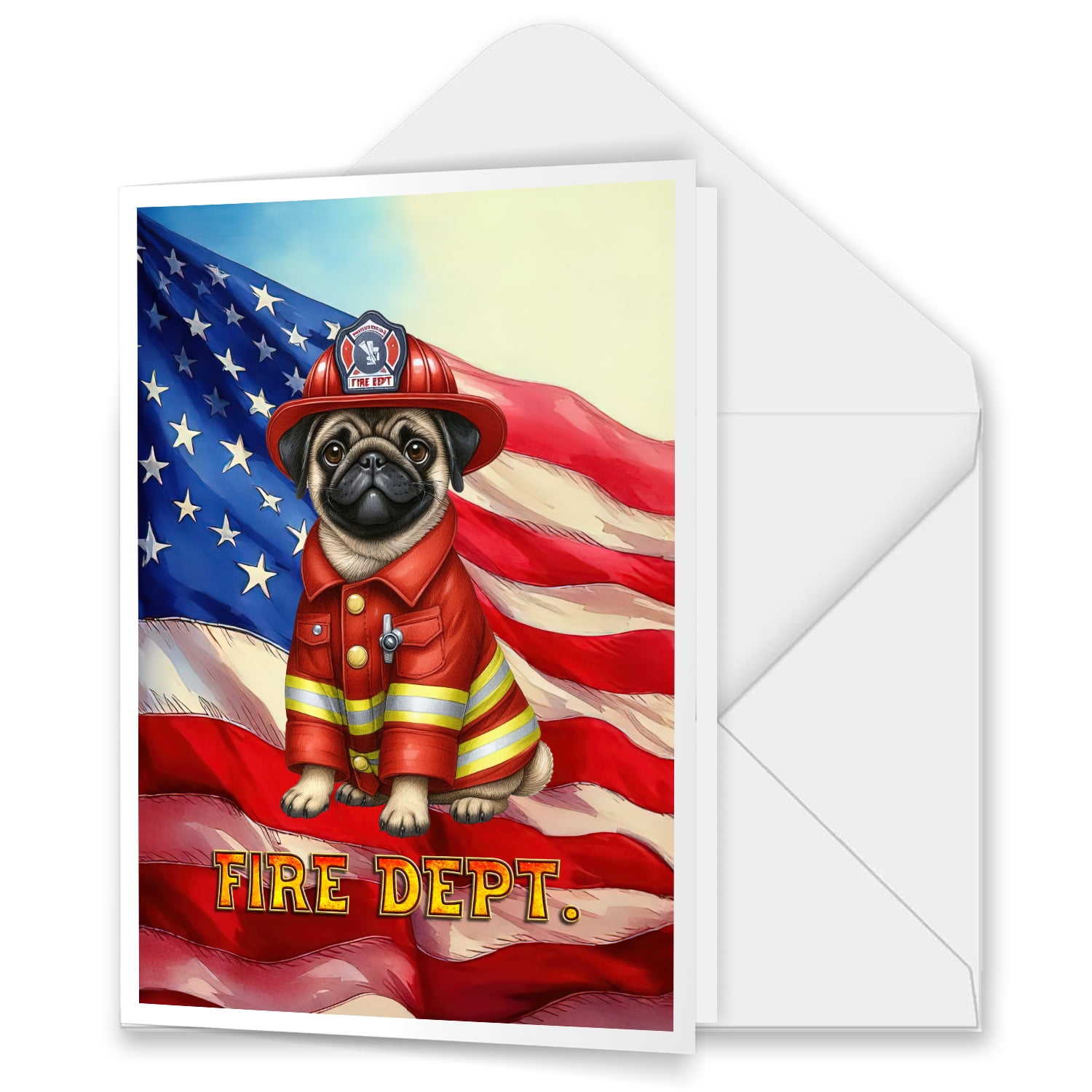 Firefighter Pug Hero Rescue Fire Dept Fireman USA Flag 5x7in Folded ...