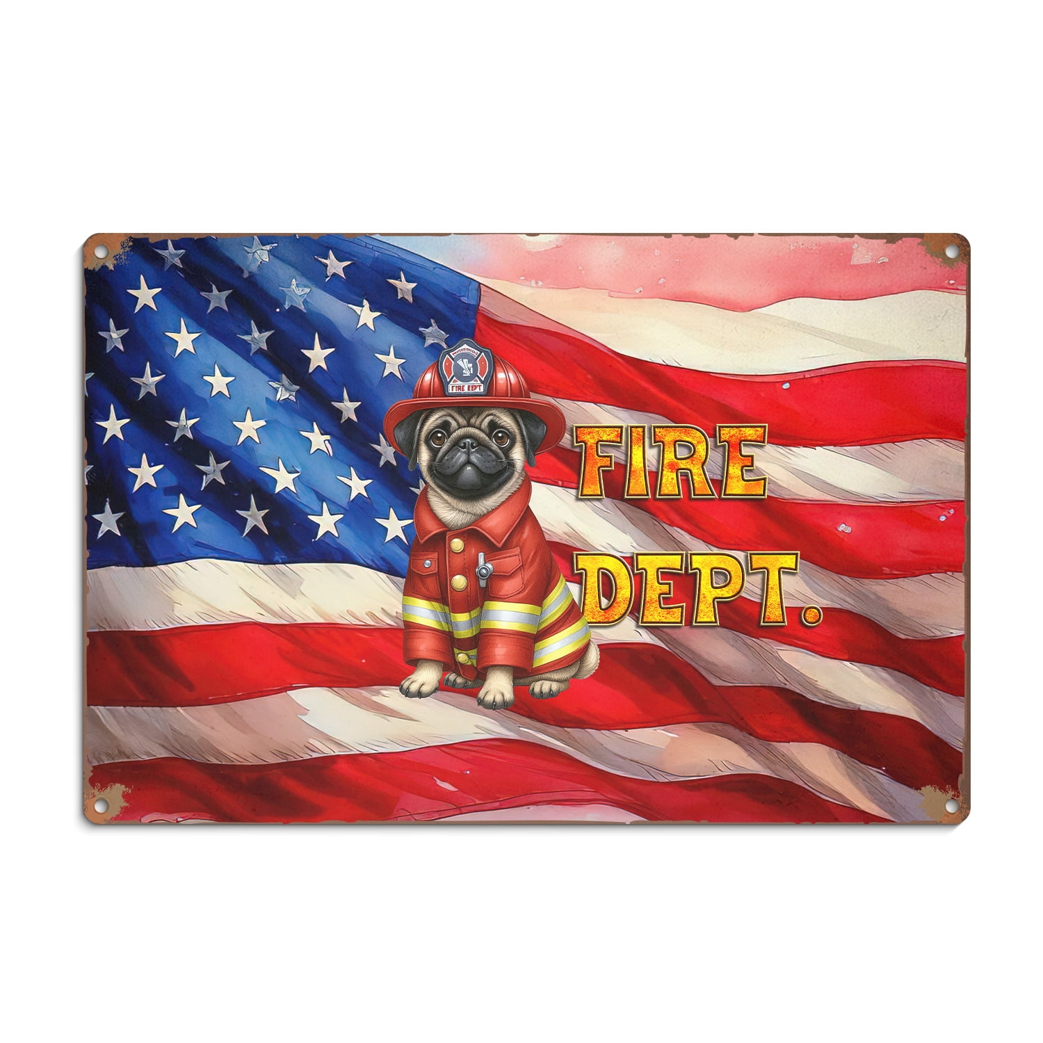 Firefighter Pug Hero Rescue Fire Dept Fireman USA Flag Horizontal Metal ...