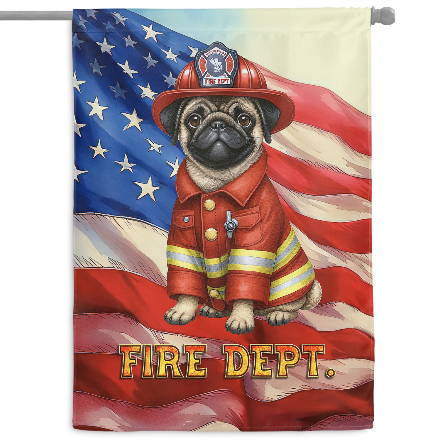 Firefighter Pug Hero Rescue Fire Dept Fireman USA Flag House Flag ...
