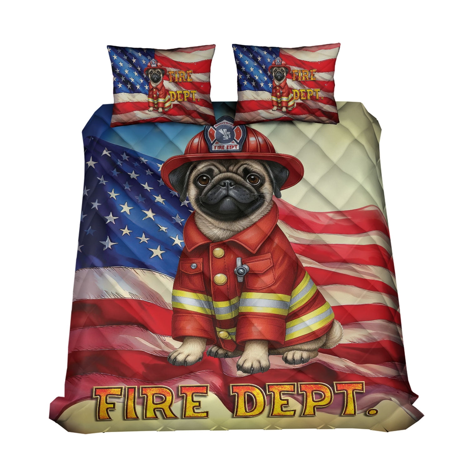 Firefighter Pug Hero Rescue Fire Dept Fireman USA Flag Quilt Bedding ...