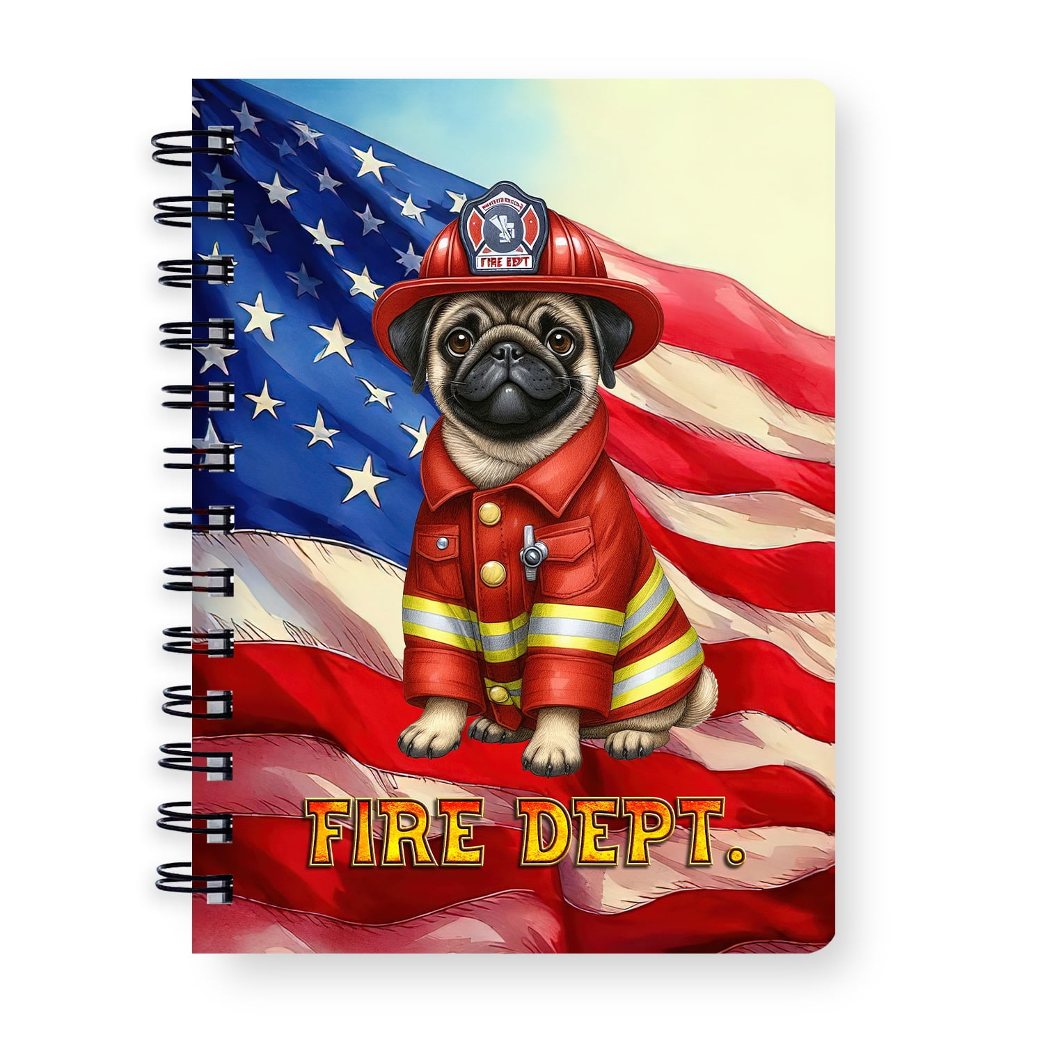 Firefighter Pug Hero Rescue Fire Dept Fireman USA Flag Spiral Bound ...
