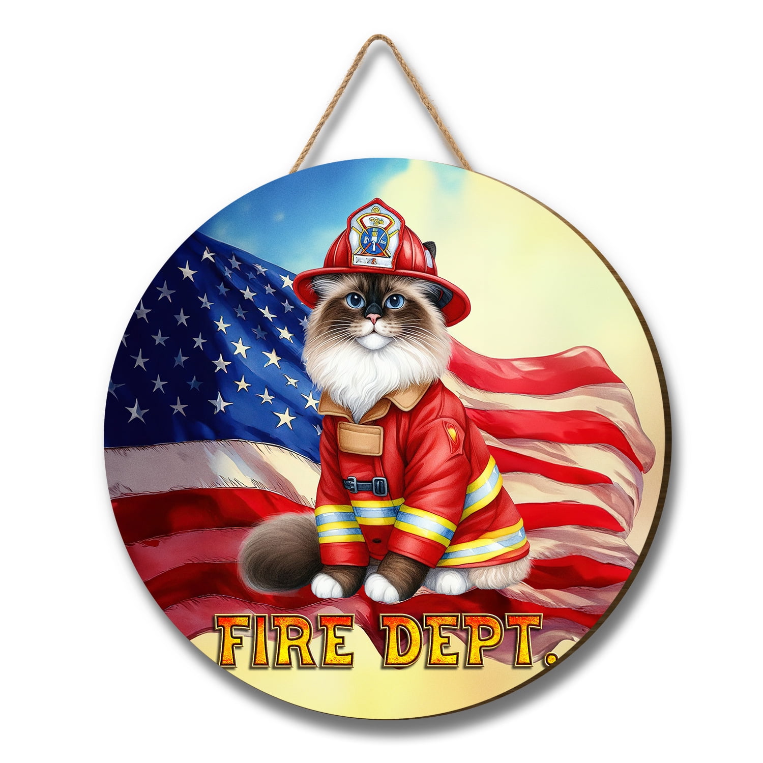 Firefighter Ragdoll Hero Rescue Fire Dept Fireman USA Flag Round Wood ...