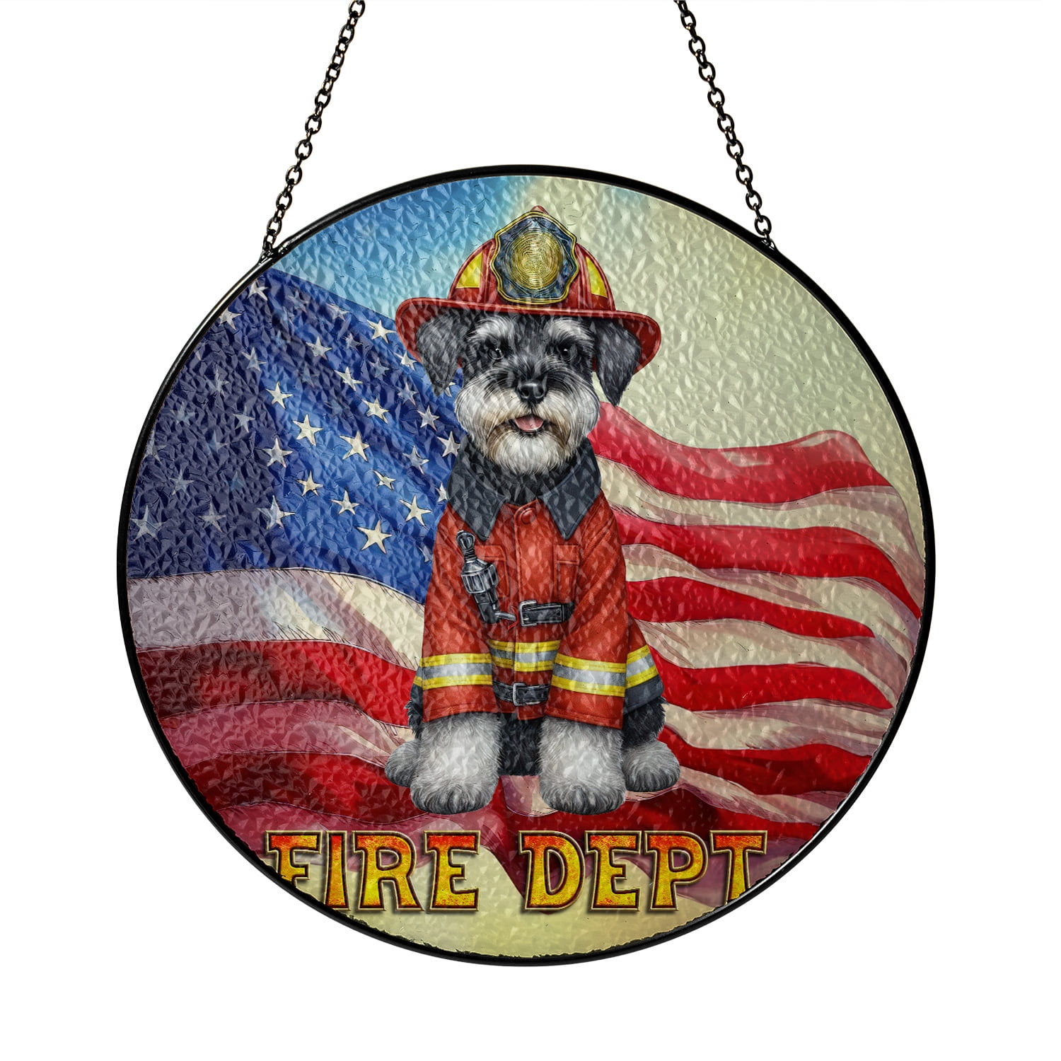 Firefighter Schnauzer Hero Rescue Fire Dept Fireman USA Flag Stained ...