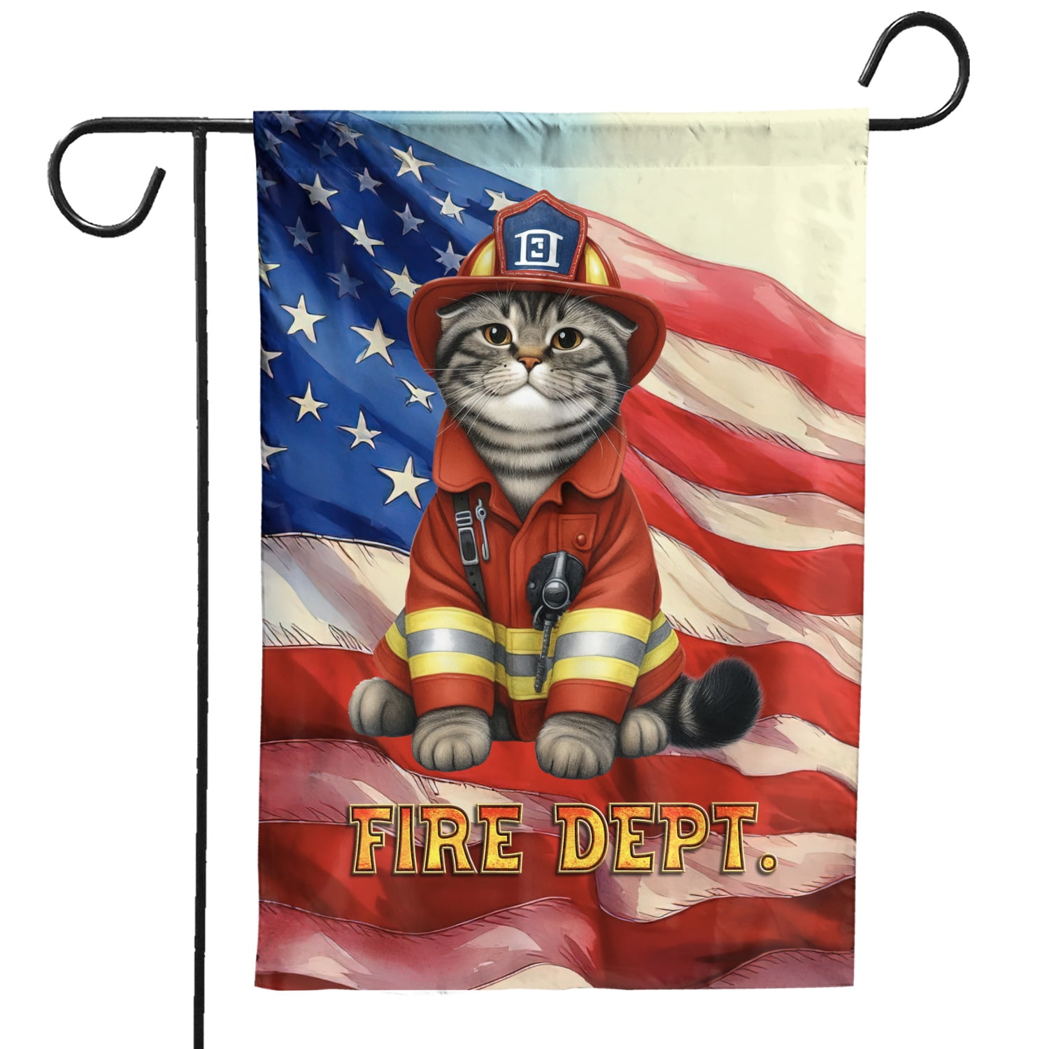 Firefighter Scottish Fold Hero Rescue Fire Dept Fireman USA Flag Garden ...