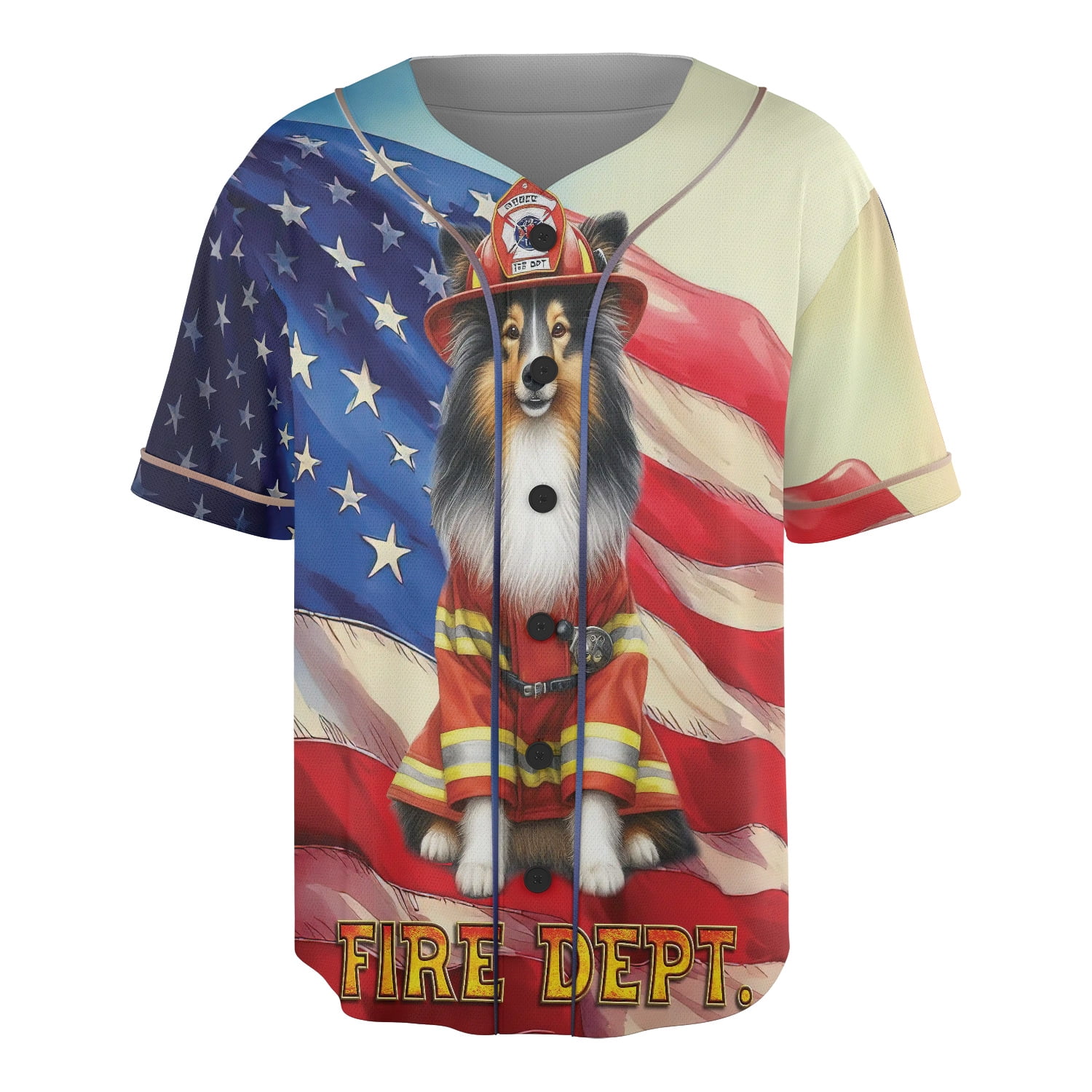 Firefighter Shetland Sheepdog Hero Rescue Fire Dept Fireman USA Flag ...