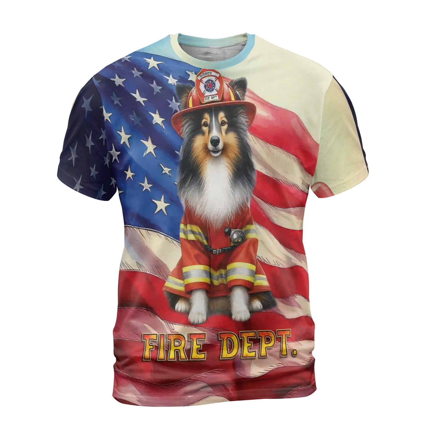 Firefighter Shetland Sheepdog Hero Rescue Fire Dept Fireman USA Flag ...