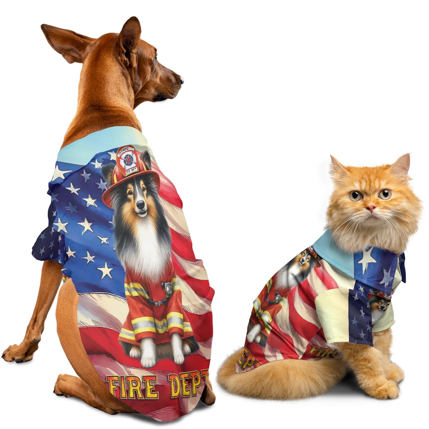 Firefighter Shetland Sheepdog Hero Rescue Fire Dept Fireman USA Flag ...