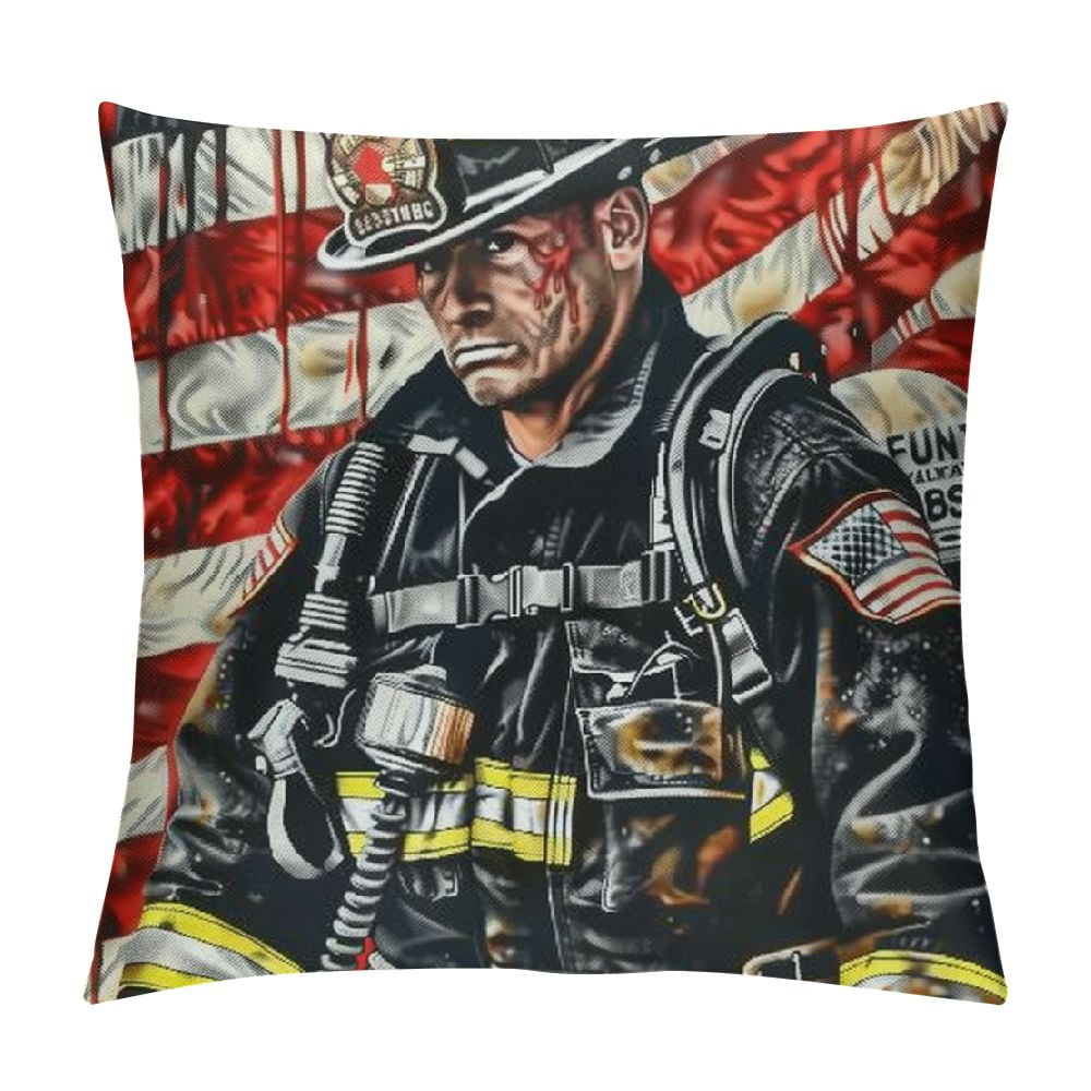 Firefighter Silhouette Pillow Cover Single Pack,Retro American Flag ...