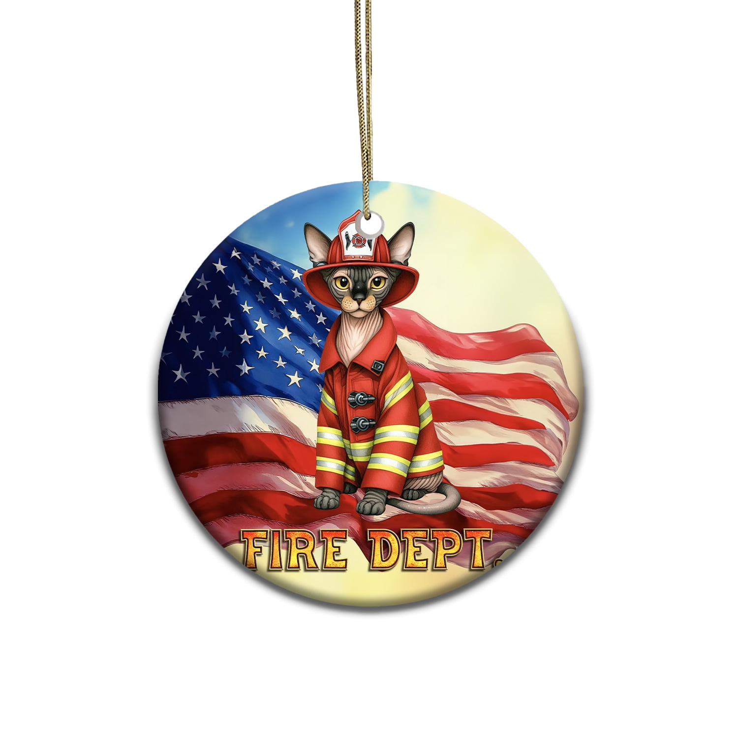 Firefighter Sphynx Hero Rescue Fire Dept Fireman USA Flag Ceramic Round ...