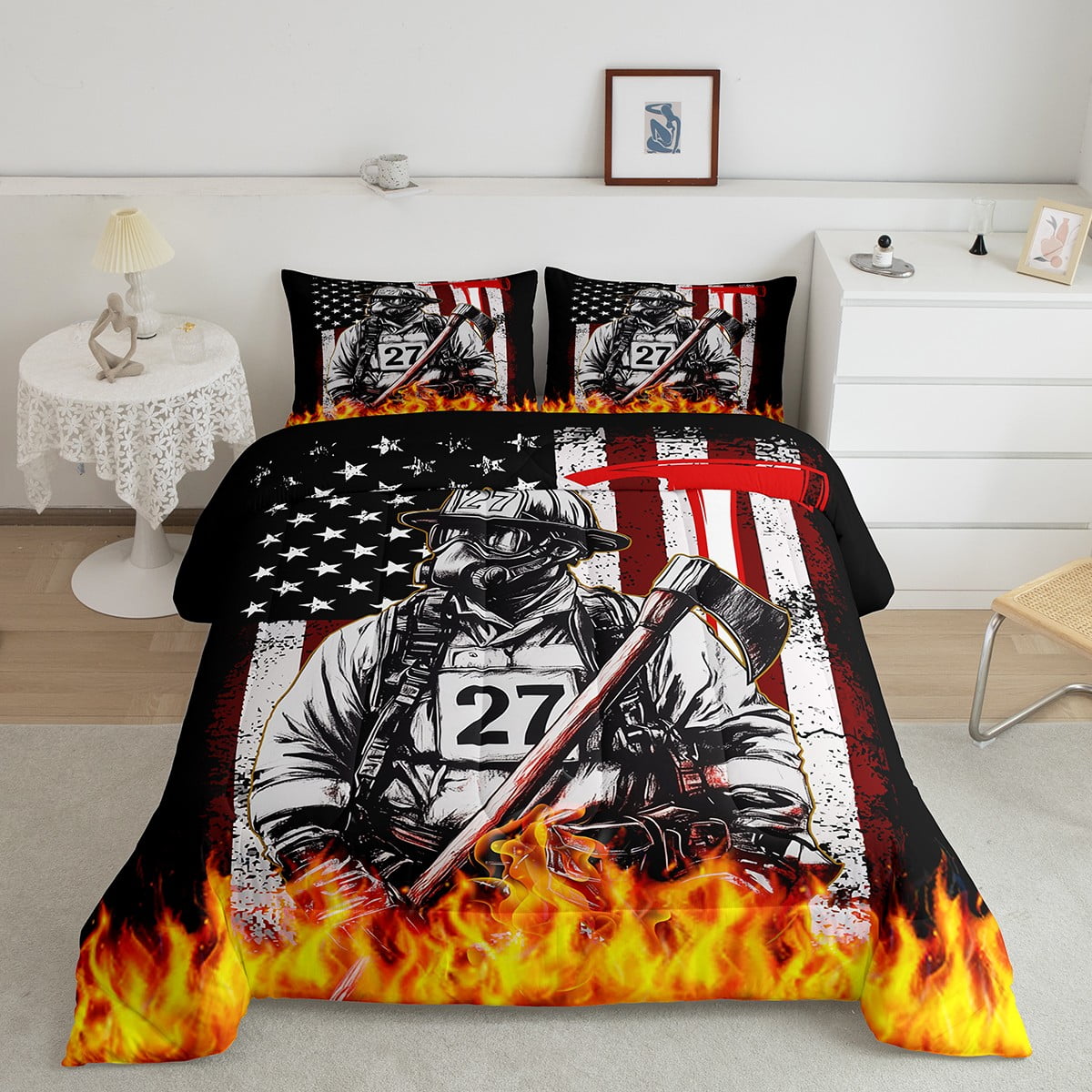 Firefighter Toddler Bedding Set,American Flag Flame Comforter Set Bed ...