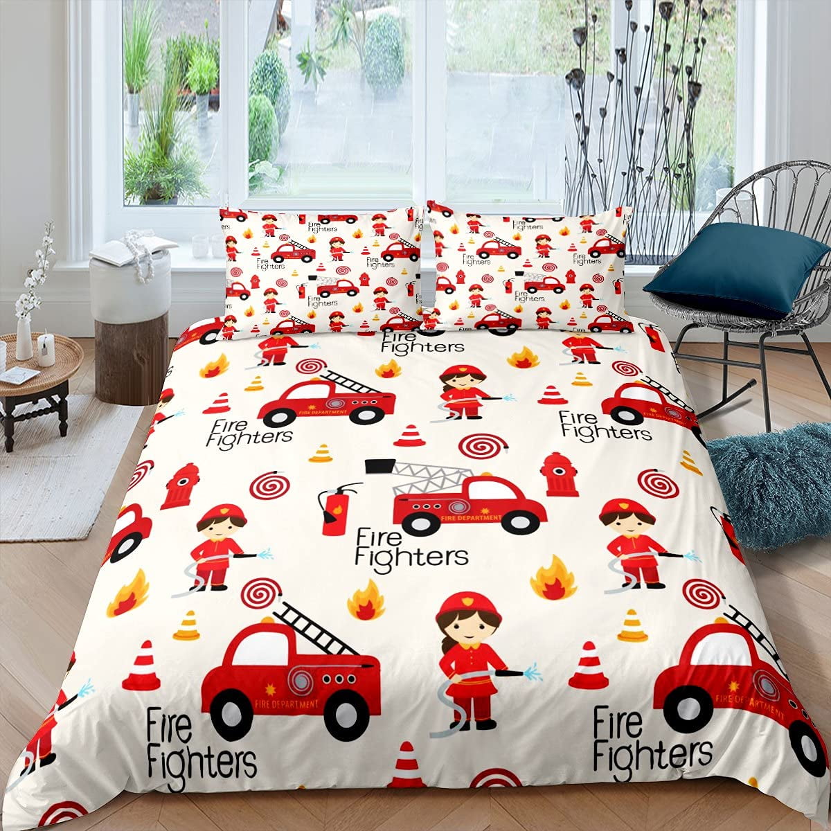 Firefighter Truck Duvet Cover Set Kids Firemen Car Vehicle Bedding Set ...