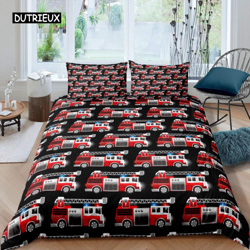 Firefighter Truck Duvet Cover Set Kids Firemen Car Vehicle Bedding Set ...
