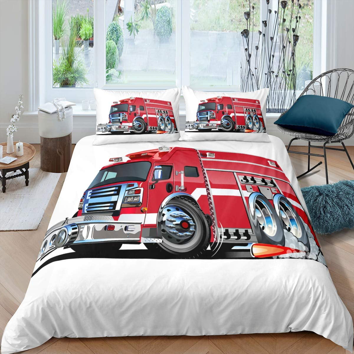 Firefighter Truck Duvet Cover Set Kids Firemen Car Vehicle Bedding Set ...