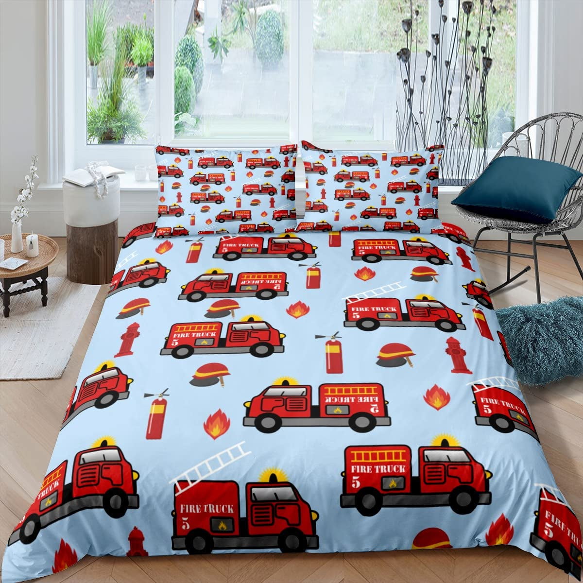 Firefighter Truck Duvet Cover Set Kids Firemen Car Vehicle Bedding Set ...