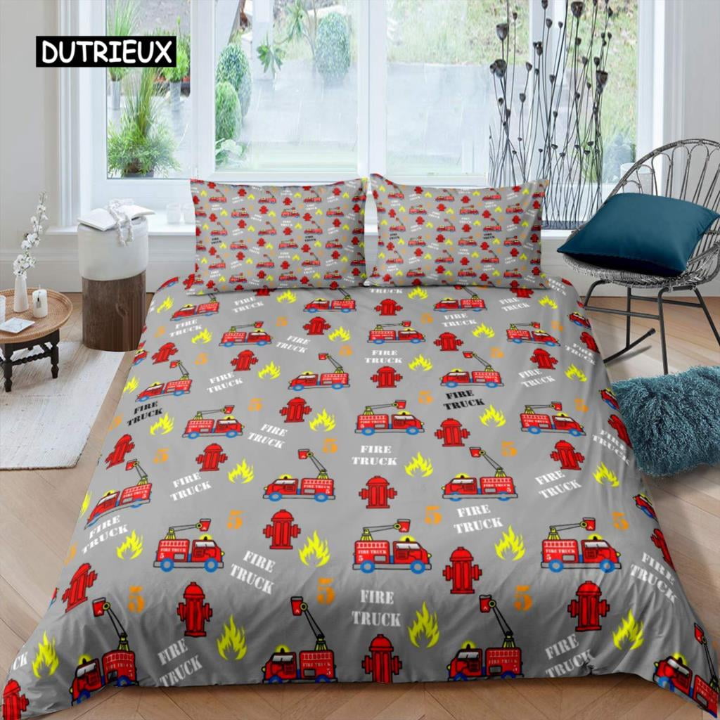 Firefighter Truck Duvet Cover Set Kids Firemen Car Vehicle Bedding Set ...