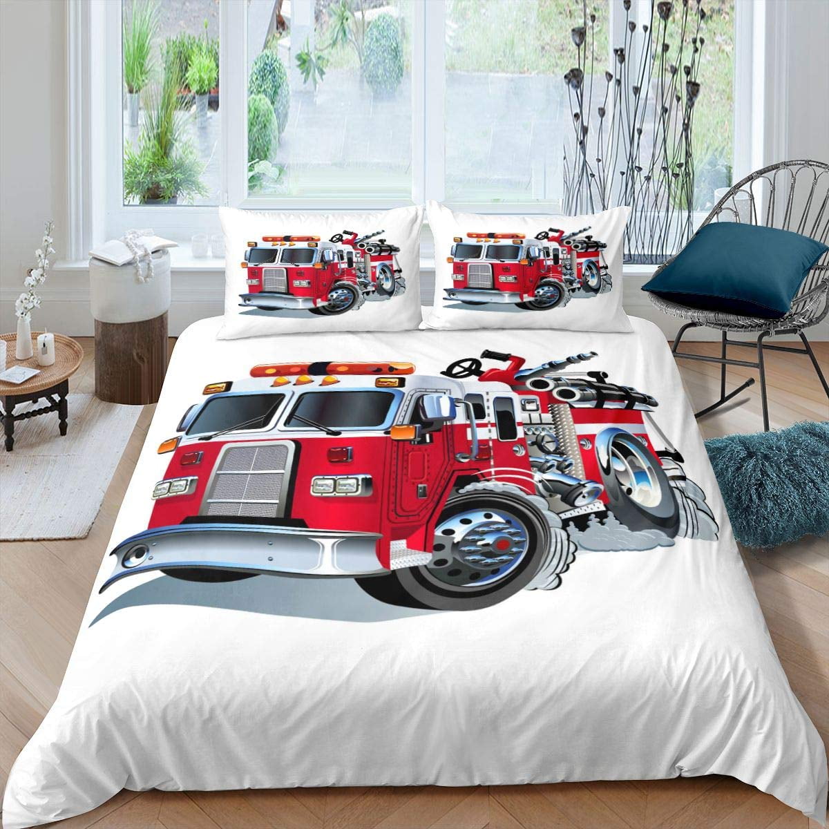 Firefighter Truck Duvet Cover Set Kids Firemen Car Vehicle Bedding Set ...